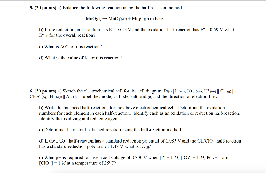 Solved 5. (20 points) a) Balance the following reaction | Chegg.com