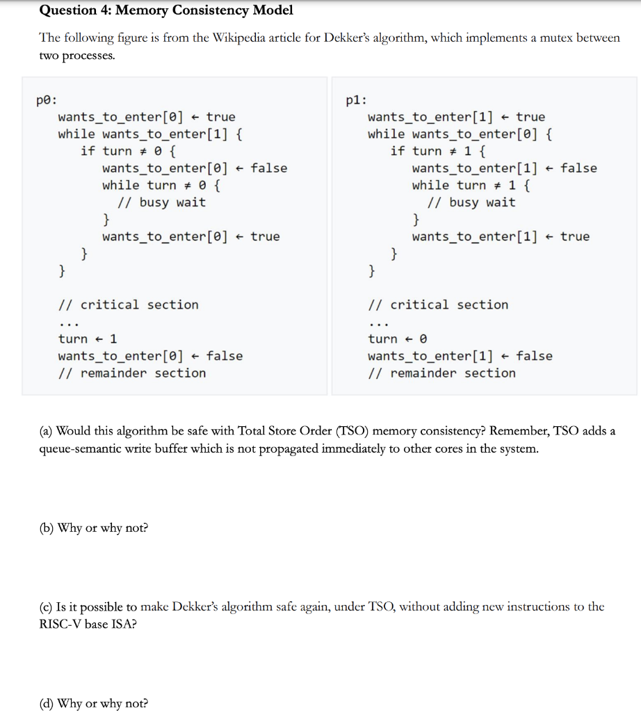 Solved Question 4: Memory Consistency Model The following | Chegg.com
