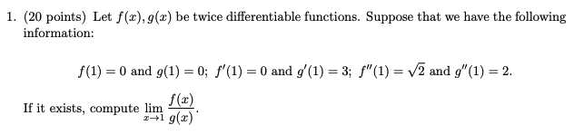 Solved (20 ﻿points) ﻿Let f(x),g(x) ﻿be twice differentiable | Chegg.com