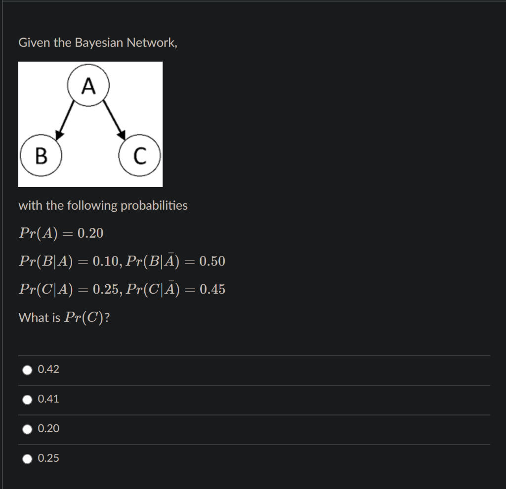 Solved Given the Bayesian Network, A B C with the following | Chegg.com