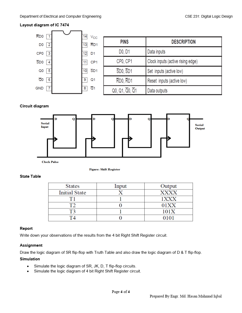 Solved JOB 4: Design of a 4 bit Right Shift Register circuit | Chegg.com