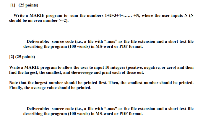 [1] (25 points) Write a MARIE program to sum the | Chegg.com