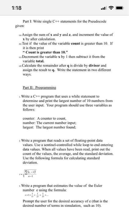 Solved 1:18 Part I: Write single C++ statements for the | Chegg.com