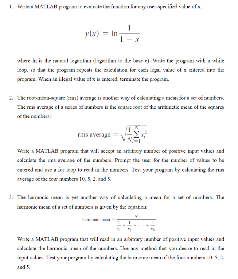 Solved 1. Write a MATLAB program to evaluate the function | Chegg.com