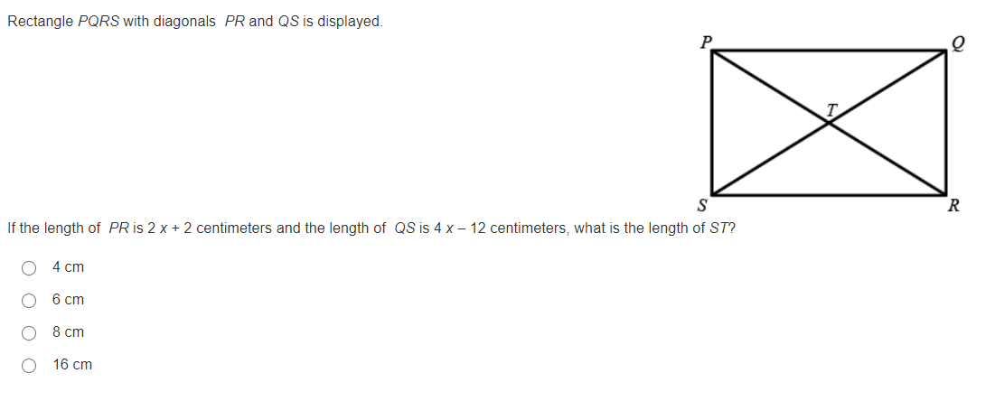 Solved Rectangle PQRS with diagonals PR and QS is displayed. | Chegg.com
