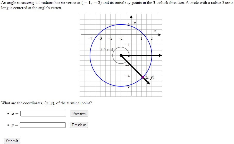 Solved An angle measuring 5.5 radians has its vertex at | Chegg.com