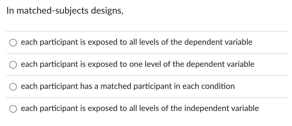 Solved In matched-subjects designs, each participant is | Chegg.com