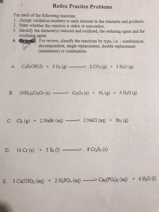 Solved Redox Practice Problems For each of the following | Chegg.com