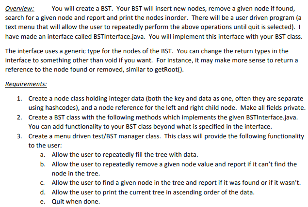 Solved JAVA --- Binary Search Tree interface | Chegg.com