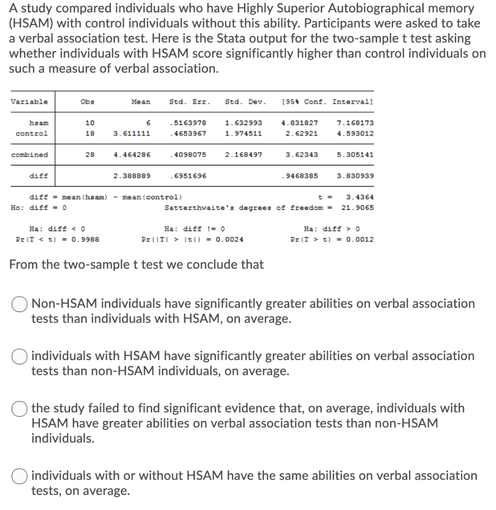 Solved A study compared individuals who have Highly Superior | Chegg.com