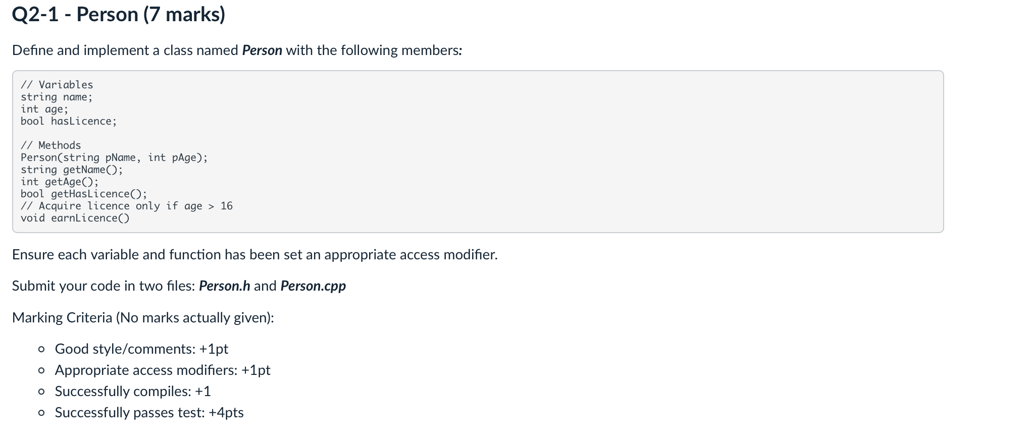 Solved Q2-1 - Person (7 marks) - Define and implement a | Chegg.com