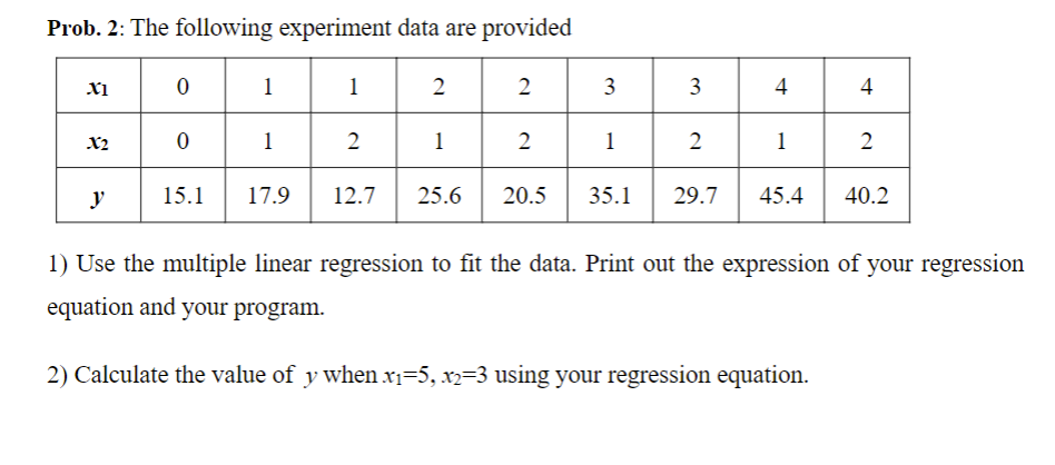 Prob. 2: The following experiment data are provided | Chegg.com