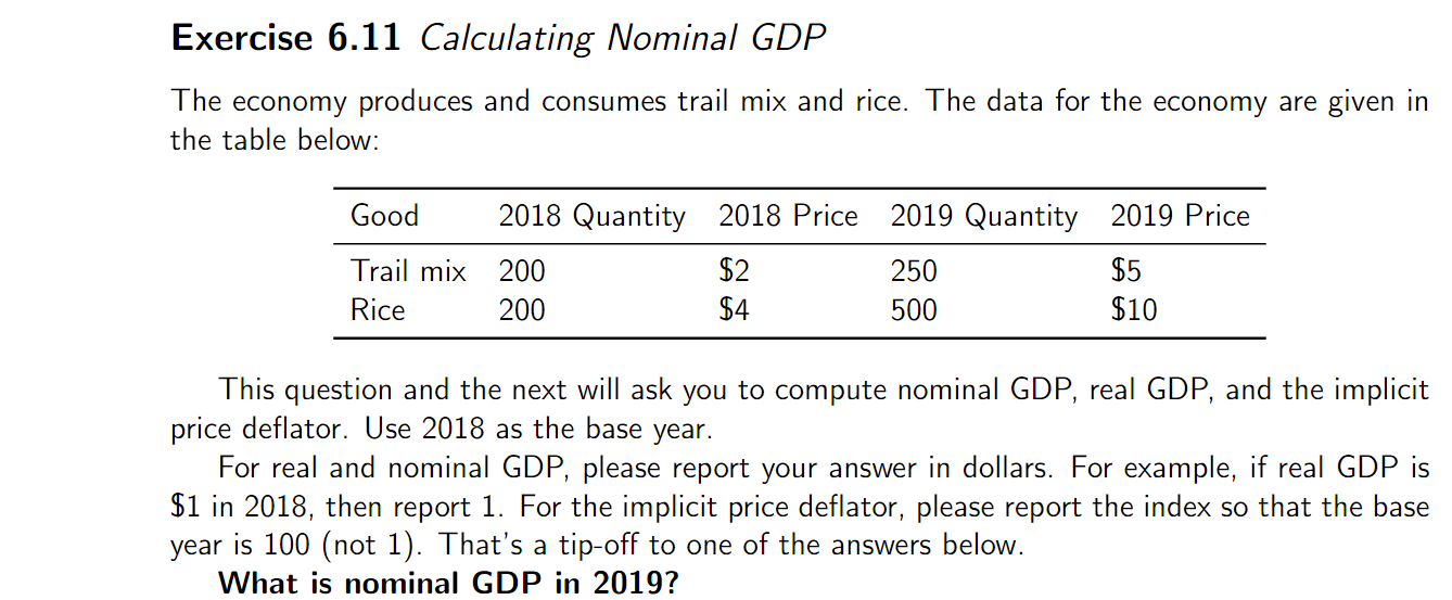 Exercise 6.11 Calculating Nominal GDP The economy | Chegg.com