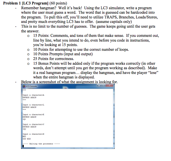 Solved Problem 1 [LC3 Program] (60 points) Remember hangman? | Chegg.com