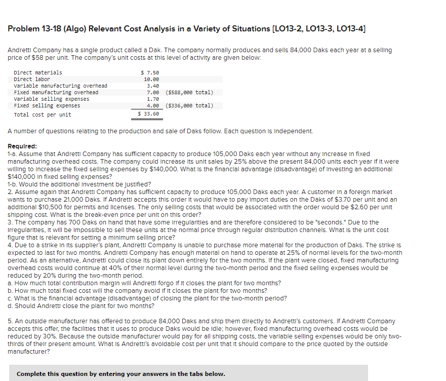Solved Problem 13-18 (Algo) Relevant Cost Analysis in a | Chegg.com