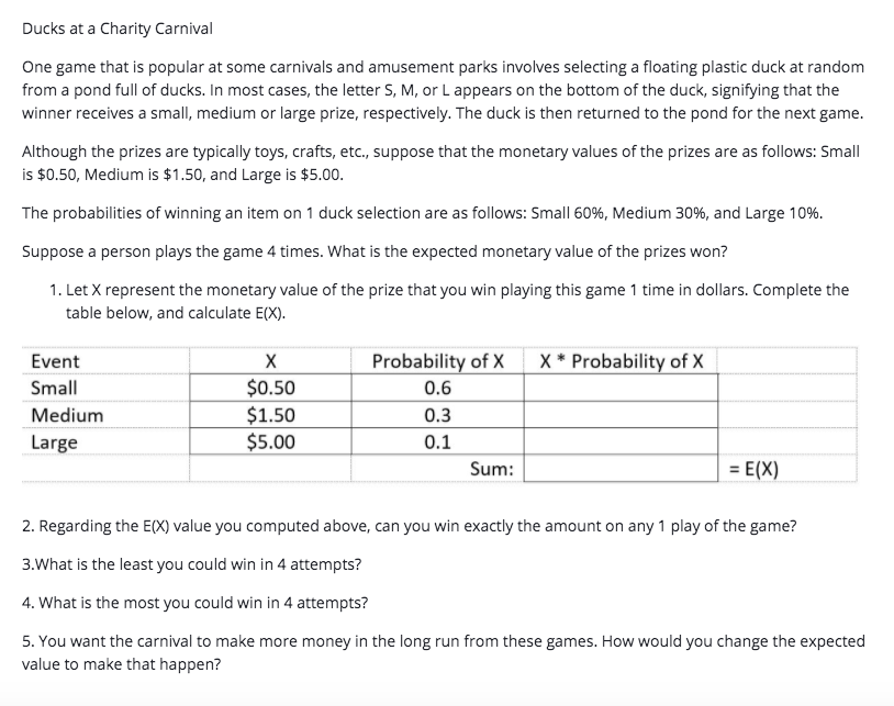 Solved Ducks at a Charity Carnival One game that is popular | Chegg.com