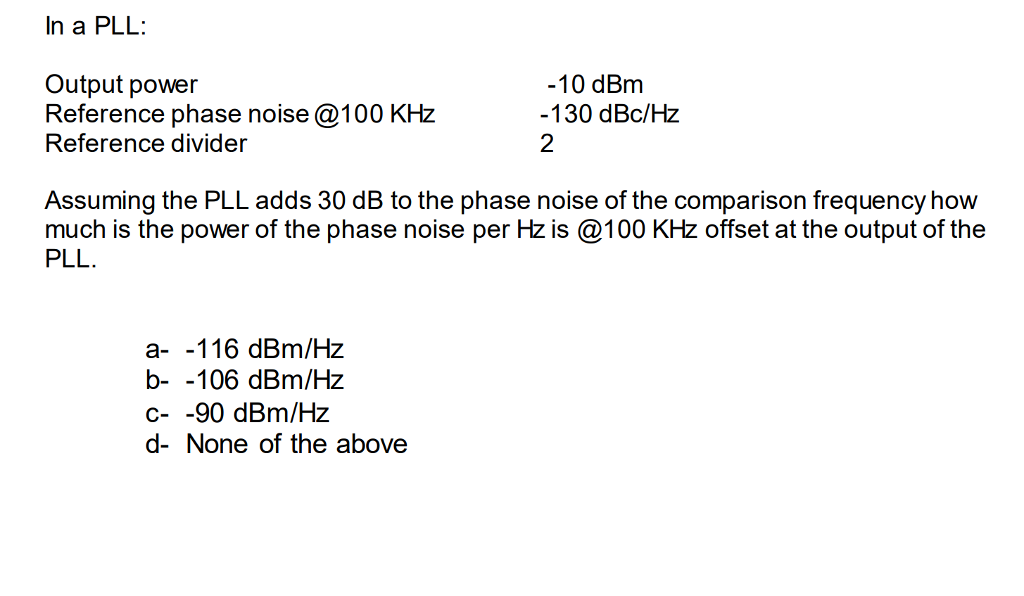 In a PLL Output power Reference phase noise @100 KHz | Chegg.com