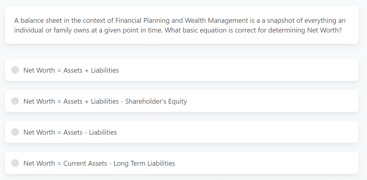 Solved A balance sheet in the context of Financial Planning | Chegg.com