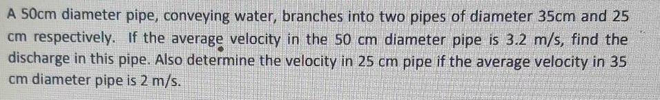 Solved A 50 cm diameter pipe, conveying water, branches into | Chegg.com