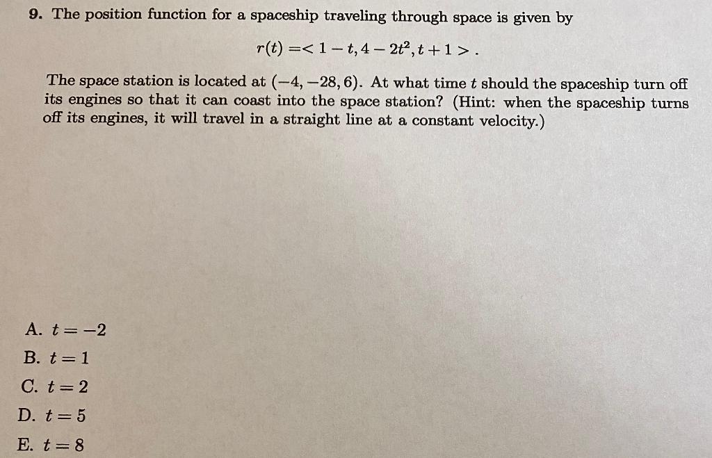 Solved 9. The position function for a spaceship traveling | Chegg.com