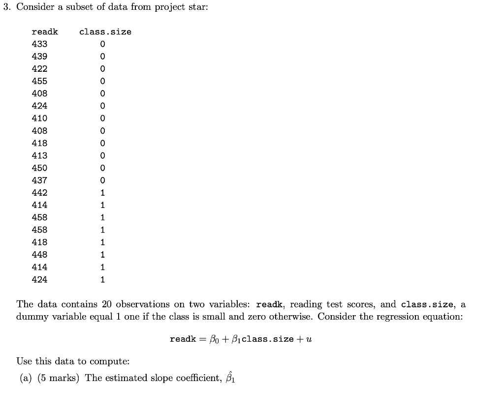 Solved 3. Consider a subset of data from project star: The | Chegg.com