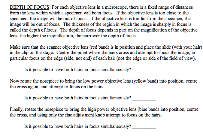 DEPTH OF FOCUS: For each objective lens in a | Chegg.com