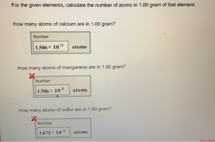 Solved For the given elements, calculate the number of atoms | Chegg.com