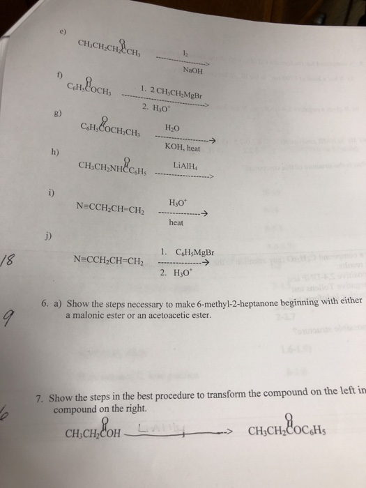 Solved e) CH3CH CH2CCH NaOH . 2 CH,CH 2. HO CH COCH 2MgBr g) | Chegg.com