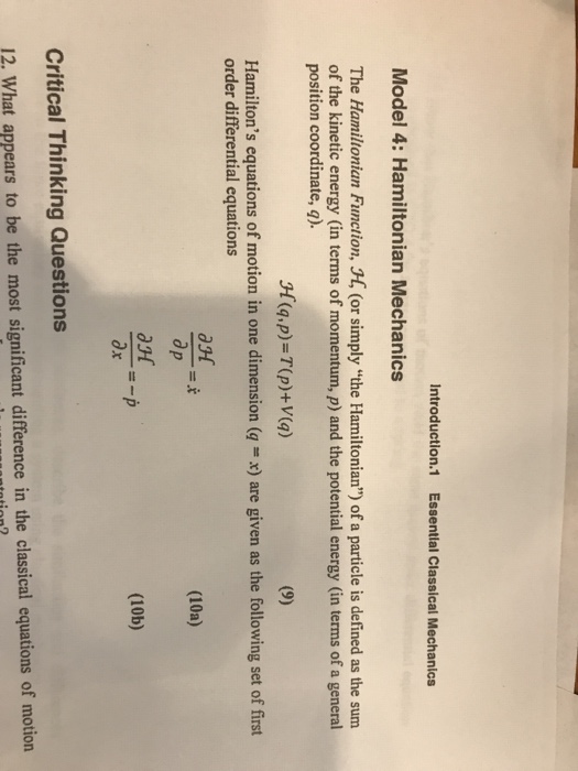 Solved Introduction.1 Essential Classical Mechanics Model 4: | Chegg.com