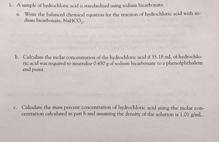 Solved 1. A sample of hydrochloric acid is standardized | Chegg.com