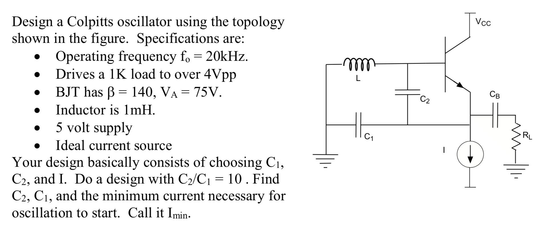 Solved Design a Colpitts oscillator using the topology shown | Chegg.com