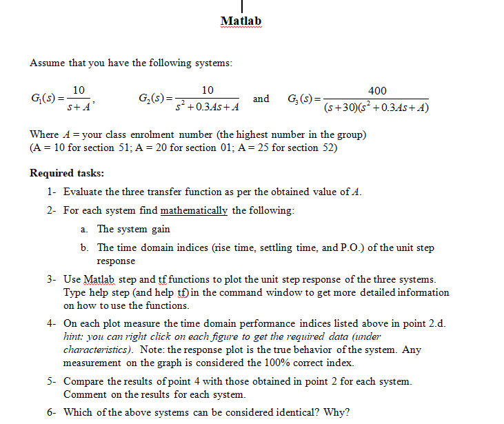 Solved Matlab Assume that you have the following systems: | Chegg.com