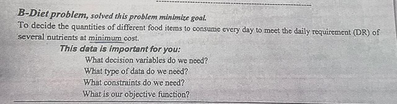 Solved B-Diet problem, solved this problem minimize goal To | Chegg.com
