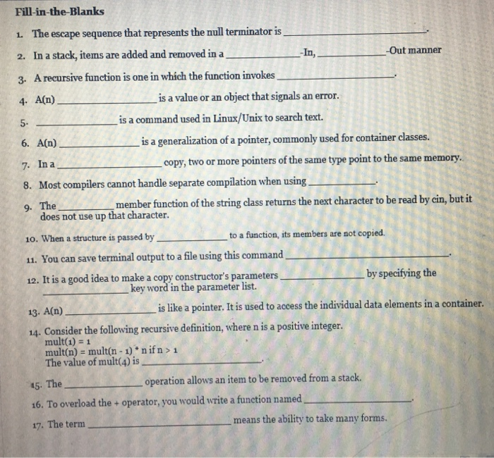Solved Fill-in-the-Blanks 1. The escape sequence that | Chegg.com
