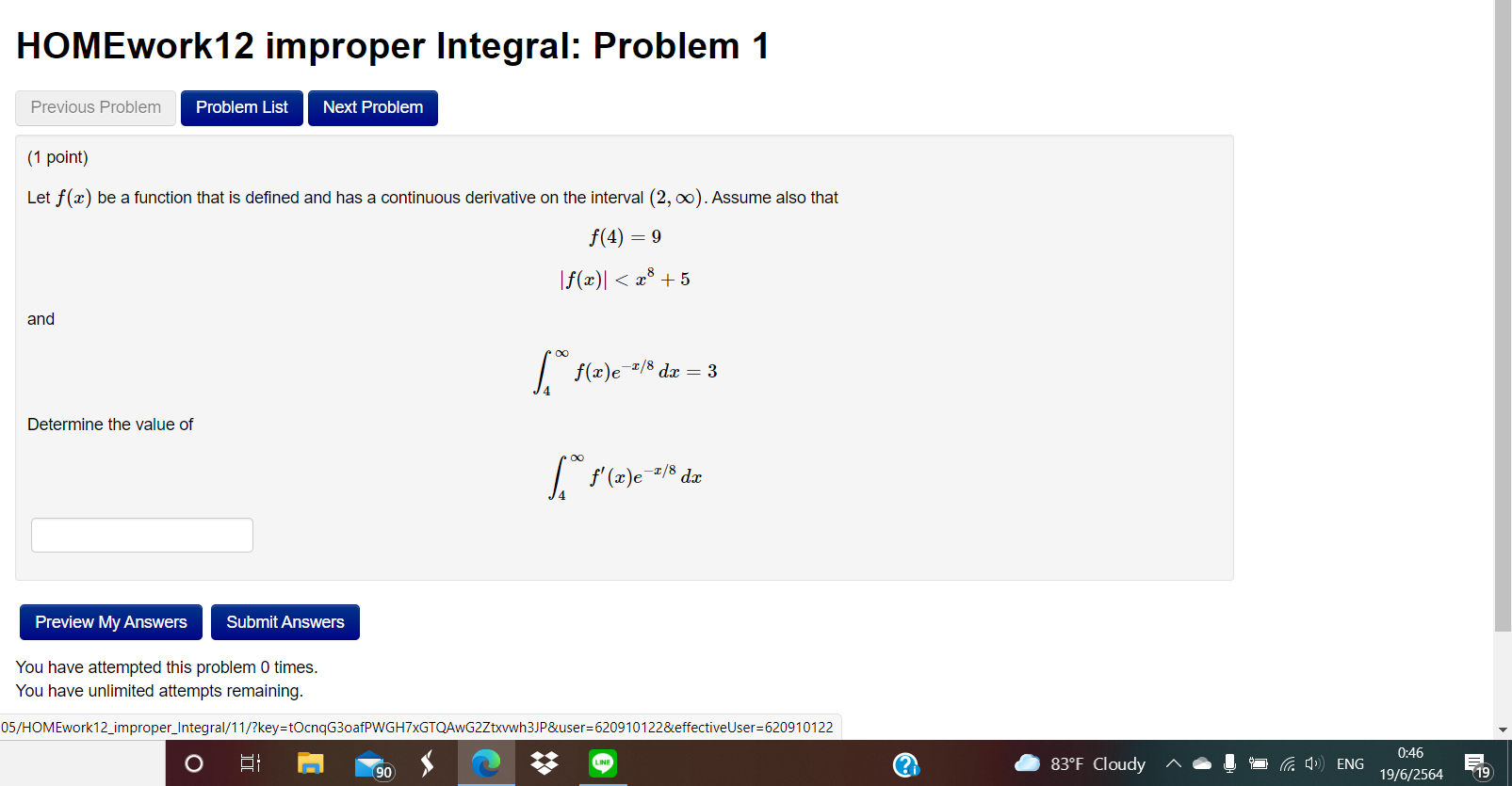 Solved HOMEwork12 improper Integral: Problem 1 Previous | Chegg.com