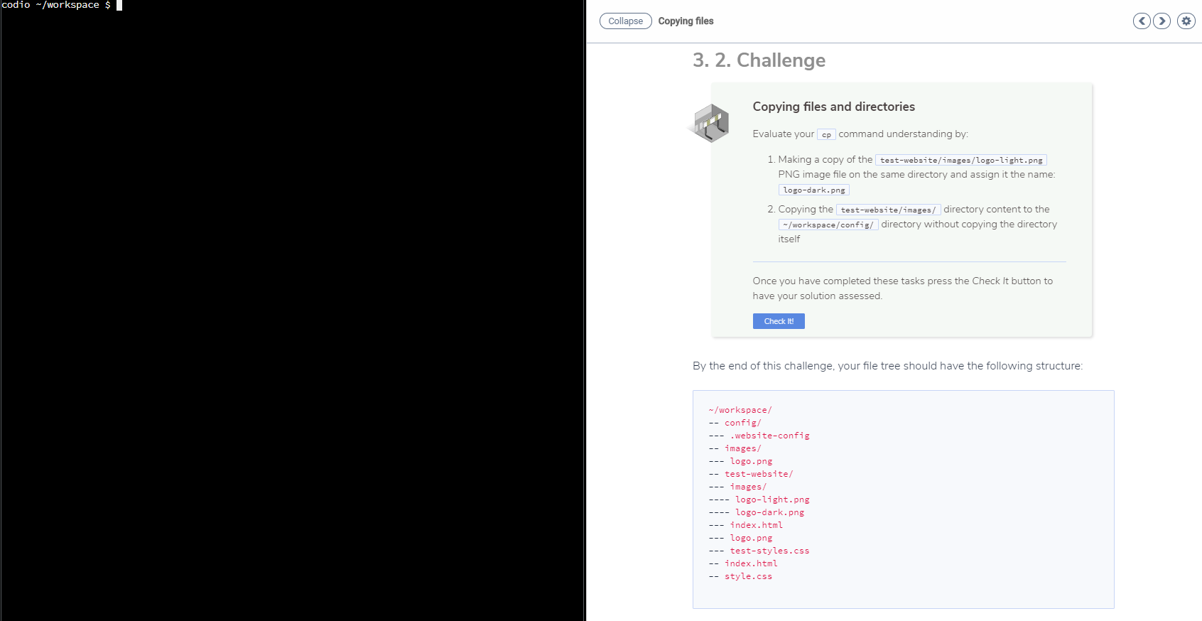 codio */workspace $ 1 Collapse Copying files 3. 2. | Chegg.com