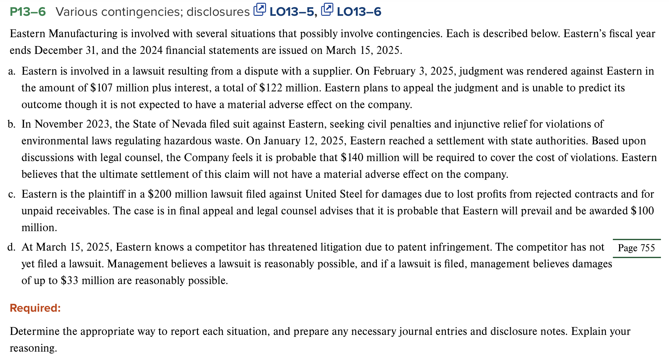 Solved P13-6 ﻿Various contingencies; disclosures ⊠ ﻿LO13-5, | Chegg.com
