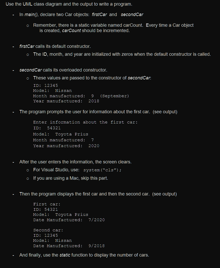 Solved Use the UML class diagram and the output to write a | Chegg.com
