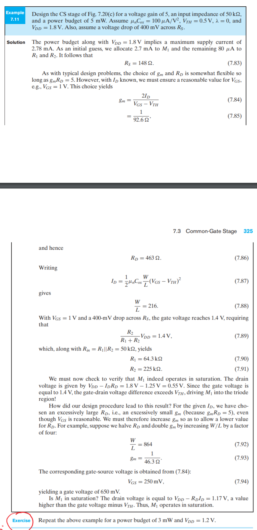 Solved Example 7.11 Design the CS stage of Fig. 7.20(C) for | Chegg.com