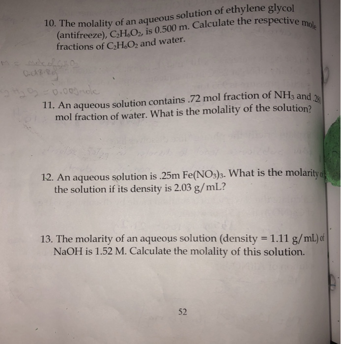 Solved 10. The molality of an aqueous solution of ethylene | Chegg.com