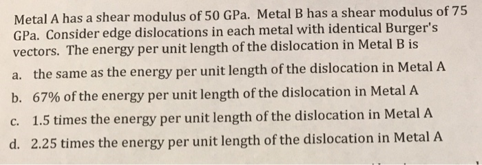 Solved Metal A has a shear modulus of 50 GPa. Metal B has a | Chegg.com