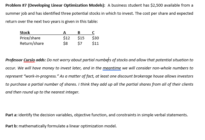 Solved Problem #7 (Developing Linear Optimization Models): A | Chegg.com