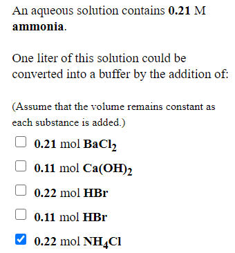 Solved An aqueous solution contains 0.21 M ammonia One liter | Chegg.com