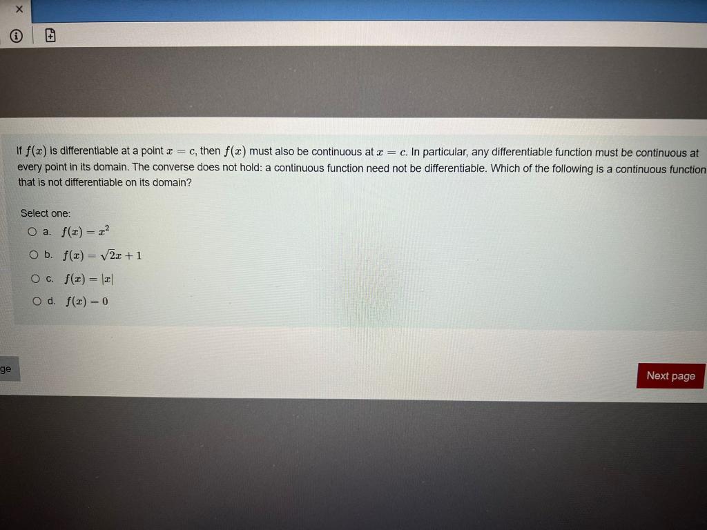 Solved If f(x) is differentiable at a point x=c, then f(x) | Chegg.com