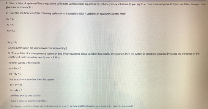 Solved 1. True or false: A system of linear equations with | Chegg.com