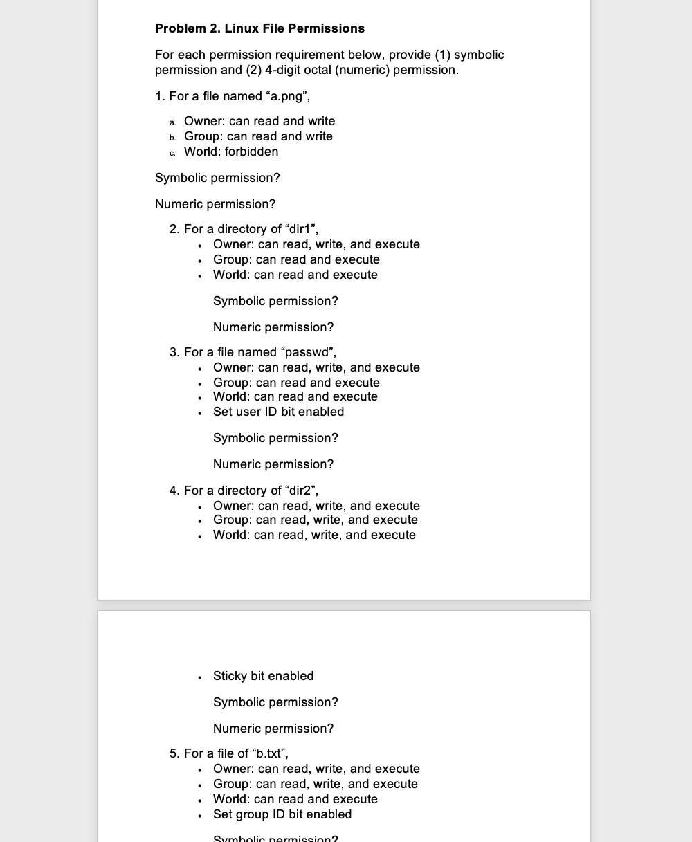 Solved Problem 2. Linux File Permissions For each permission | Chegg.com