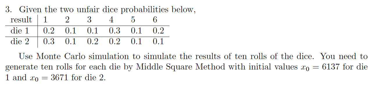Solved 3. Given the two unfair dice probabilities below, | Chegg.com