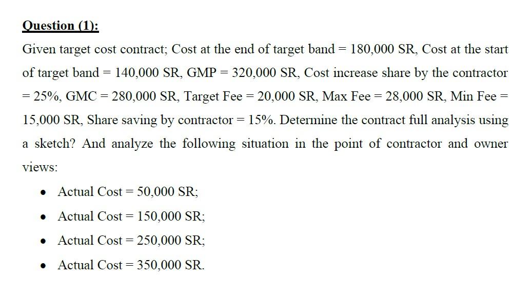Question (1): = Given target cost contract; Cost at | Chegg.com