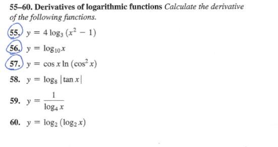 Solved 55-60. Derivatives of logarithmic functions Calculate | Chegg.com