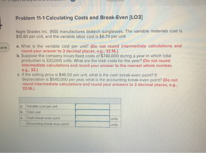 Solved Problem 11-1 Calculating Costs and Break-Even [LO3] | Chegg.com